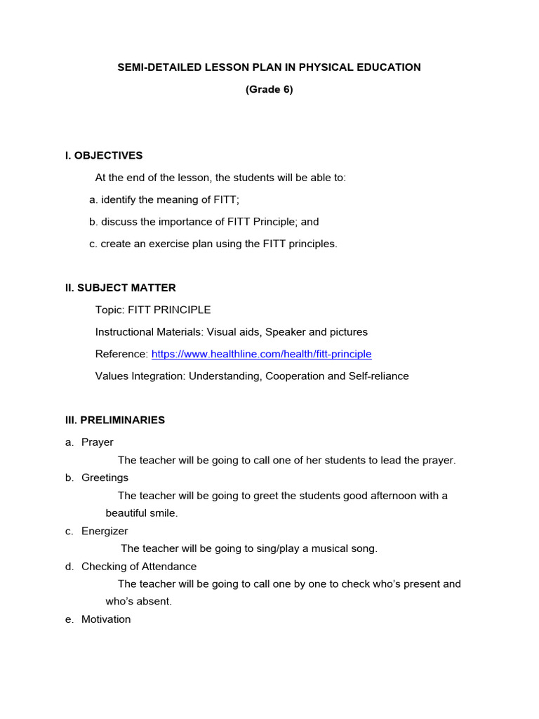 FITT Principle Lesson Plan for PE | PDF | Lesson Plan | Teachers