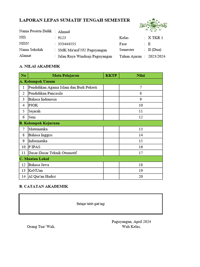 Laporan Lepas STS Kelas X TKR 2023-2024 | PDF