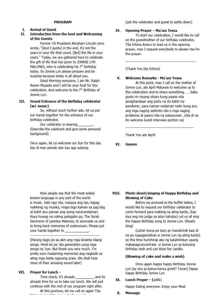 7th Birthday Program Script for Jonnie Lyn | PDF