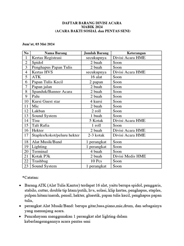 Daftar Barang Divisi Acara | PDF