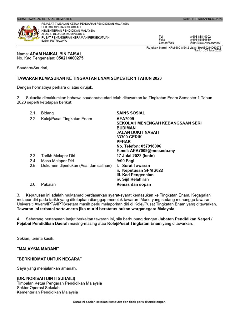 Surat Tawaran Tingkatan 6 New | PDF