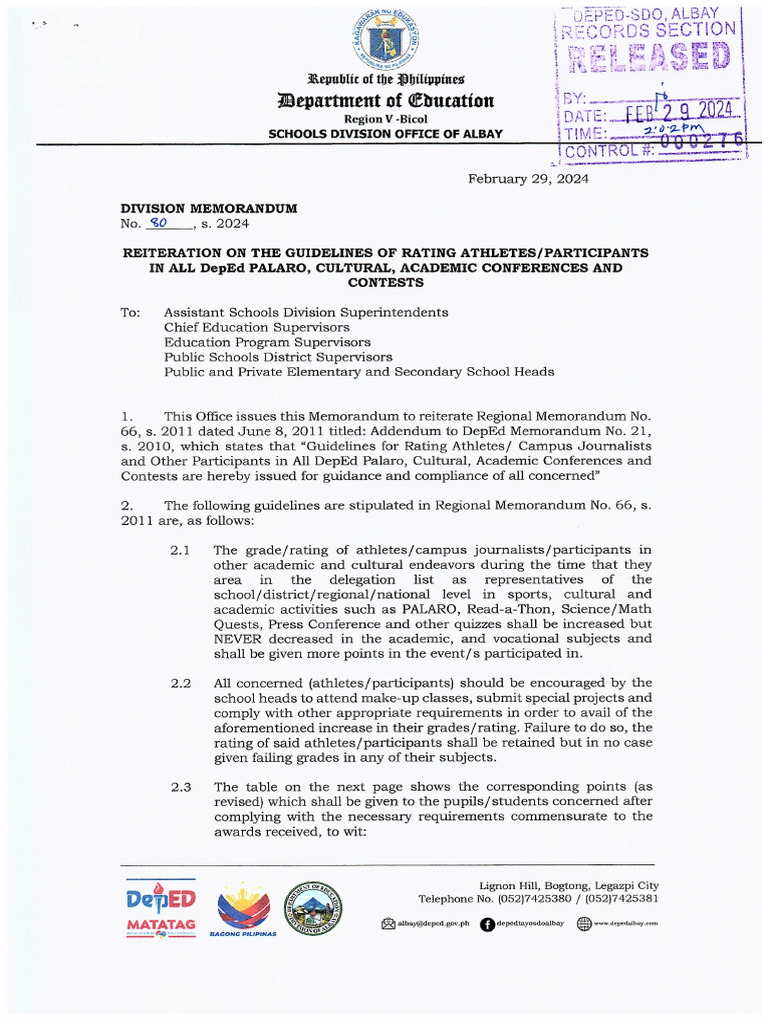 DM 80 S. 2024 Reiteration On The Guidelines of Rating Athletes ...