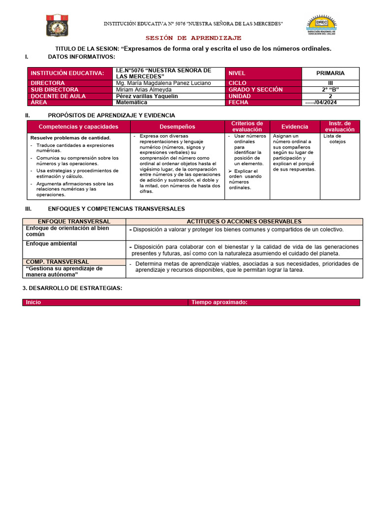 Sesion Los Números Ordinales | PDF | Evaluación | Aprendizaje