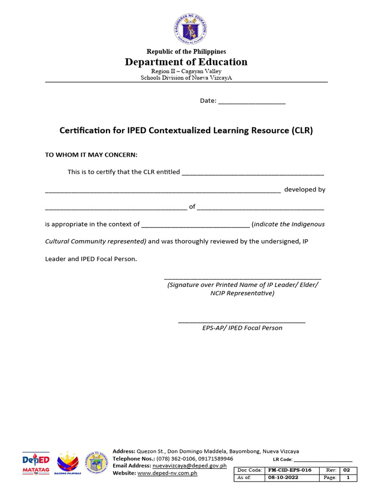 FM Cid Eps 016 Certification of Iped Learning Materials | PDF