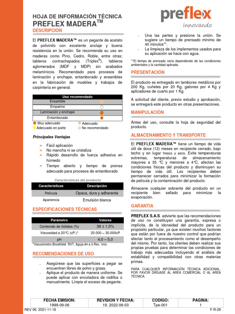 Tpe-001 Preflex Madera Rev. 19 | PDF | Madera