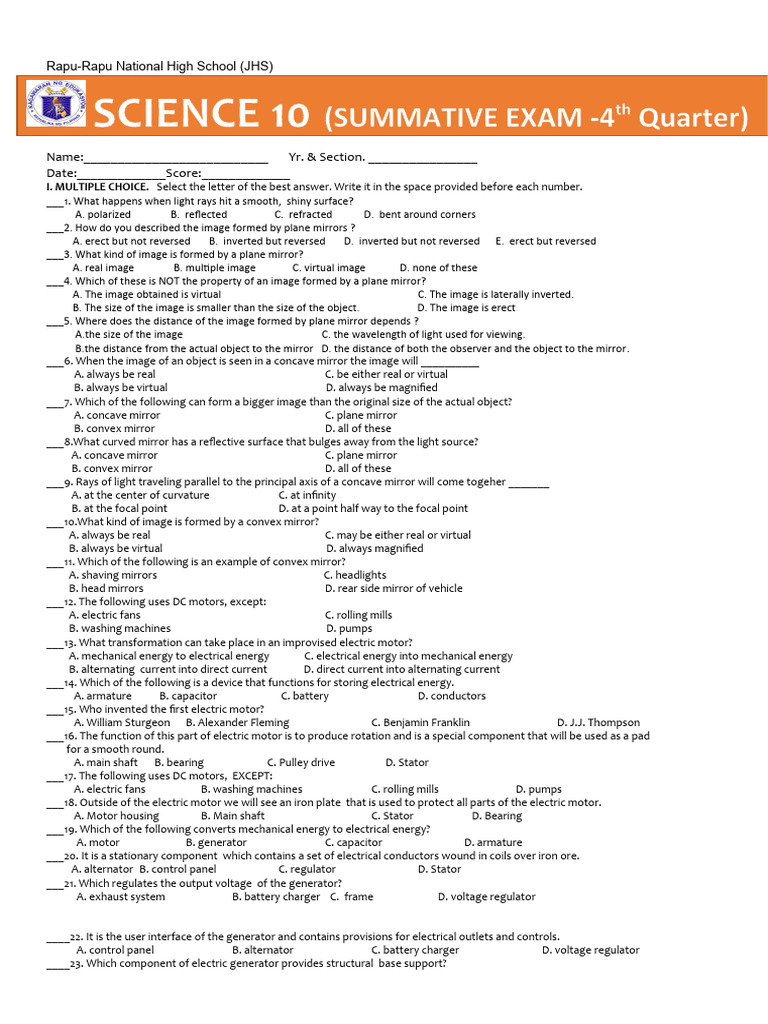 Summative Test Science 10-4th Quarter | PDF | Mirror | Electric Motor
