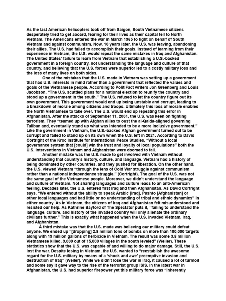 Vietnam Essay What Did The Us Learn From Vietnam | PDF | Vietnam ...