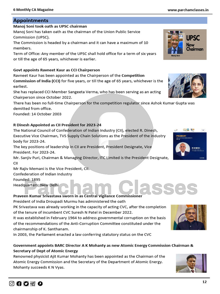 Key Appointments in Indian Governance | PDF | Reserve Bank Of India ...