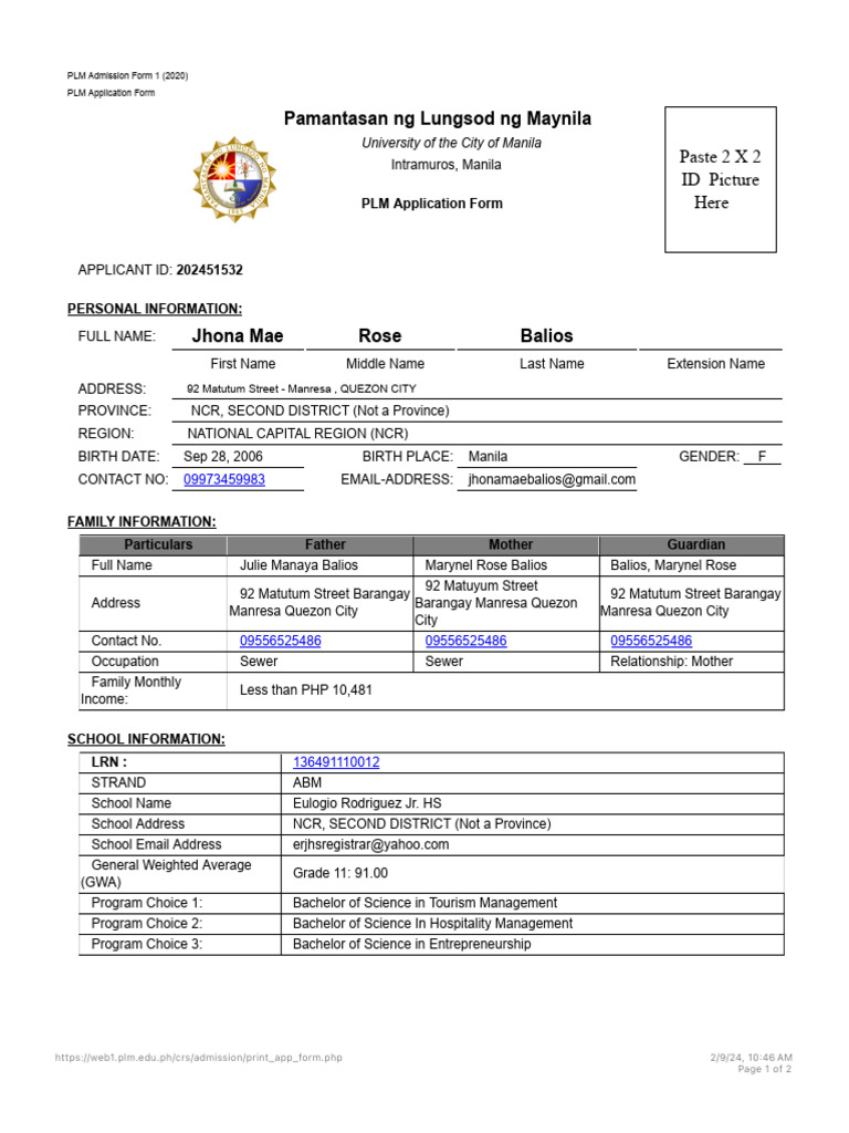PLM Admission Application Details | PDF