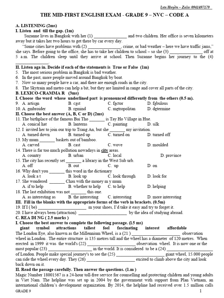 THE-MID-FIRST-ENGLISH-EXAM-GRADE9-2022-2023-NVC-CODE A | PDF