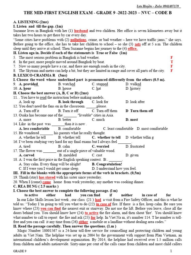 The Mid First English Exam Grade9 2022 2023 NVC Code B Keys | PDF