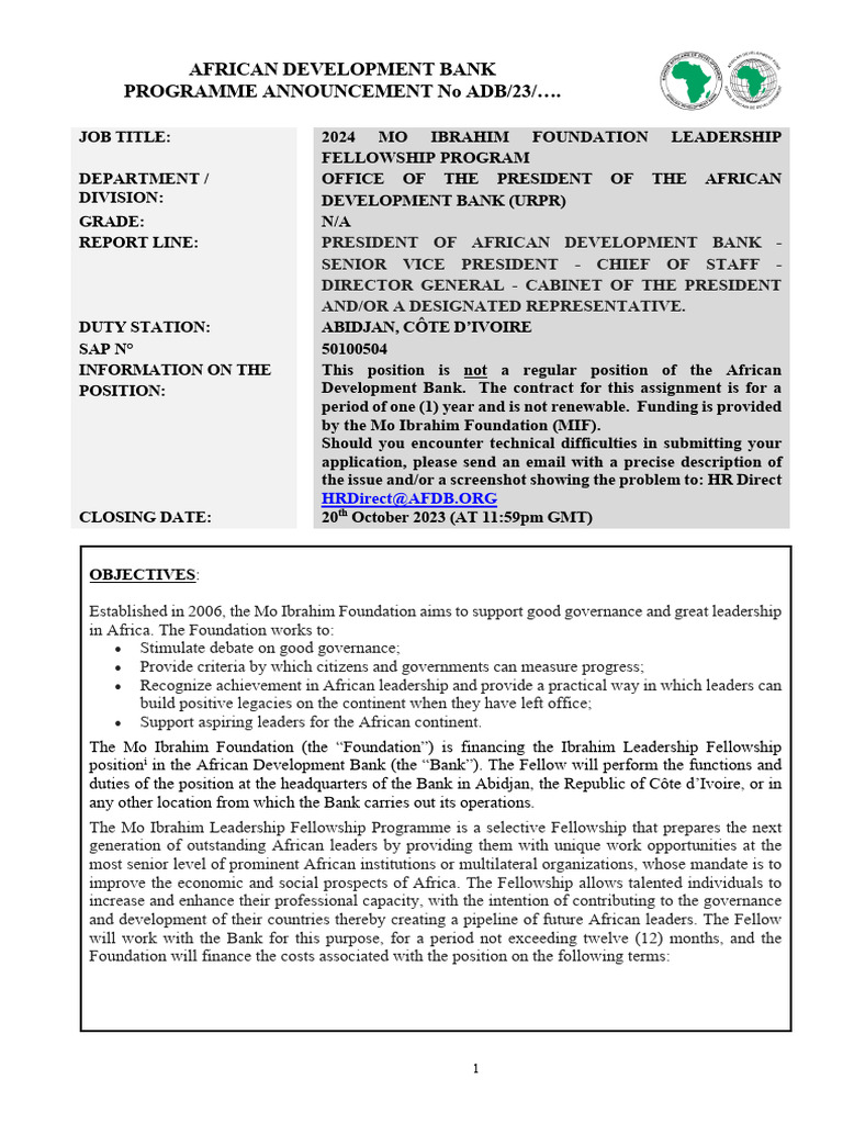Vacancy Notice Mo Ibrahim Foundation Leadership Program - 2024 ...