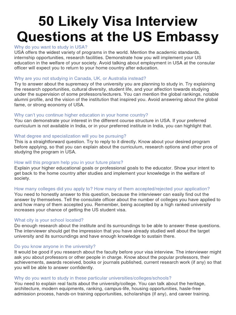 50 Likely Visa Interview Questions at The US Embassy | Download Free PDF | Travel Visa | Curriculum