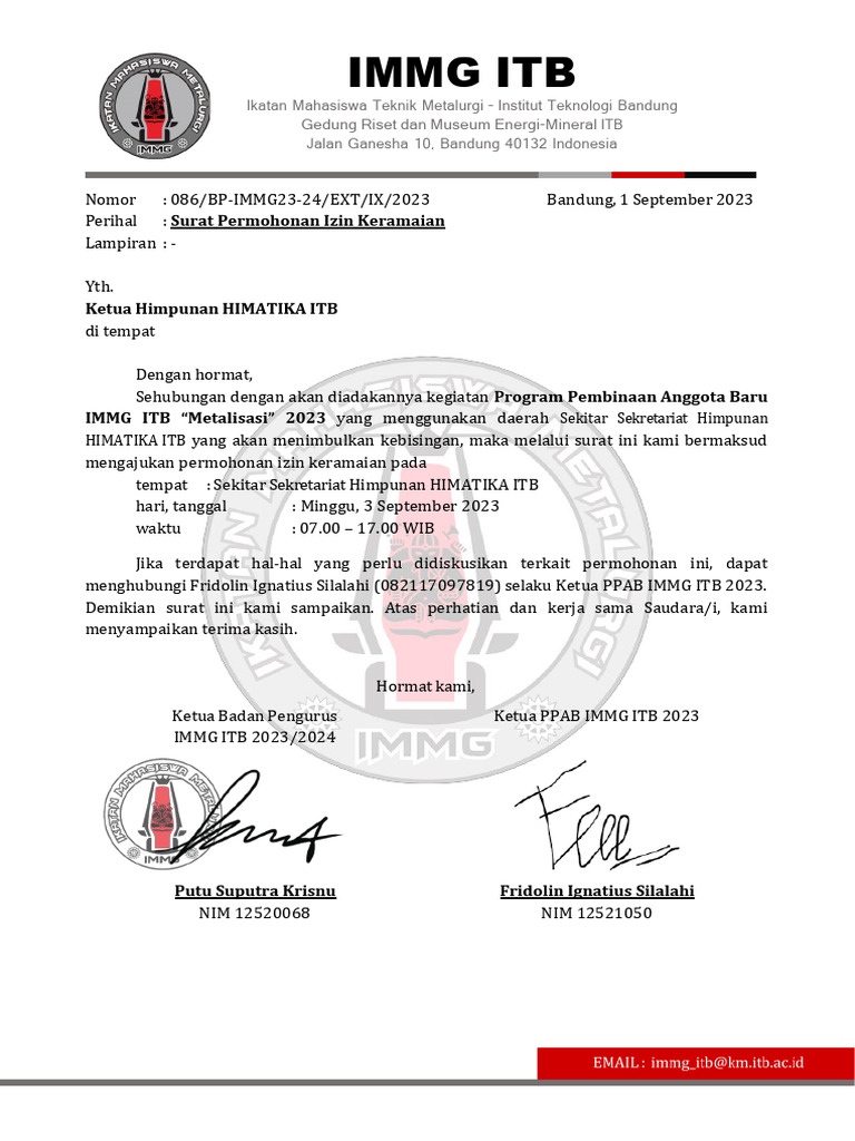 086 Surat Izin Keramaian PPAB IMMG ITB 2023 - HIMATIKA ITB | PDF