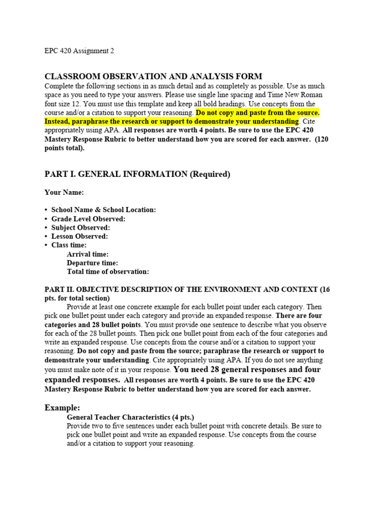 EPC 420 Assignment 2 Classroom Observation and Analysis Form | PDF | Learning | Teachers