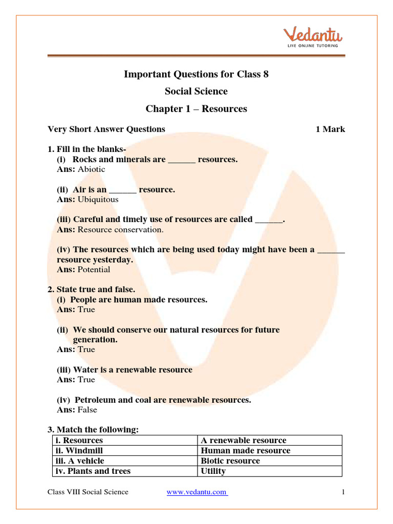 Class 8 Resources: Key Questions | PDF | Resource | Sustainability