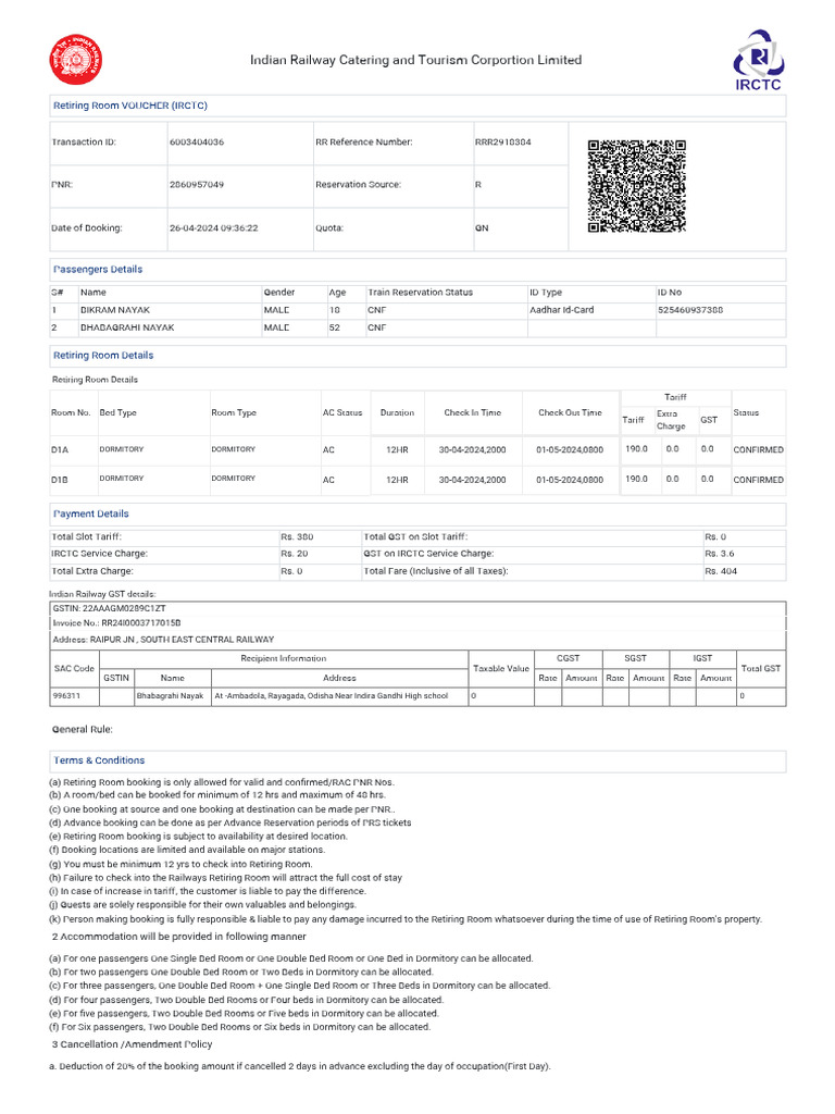 IRCTC Retiring Room | Download Free PDF | Payments | Taxes