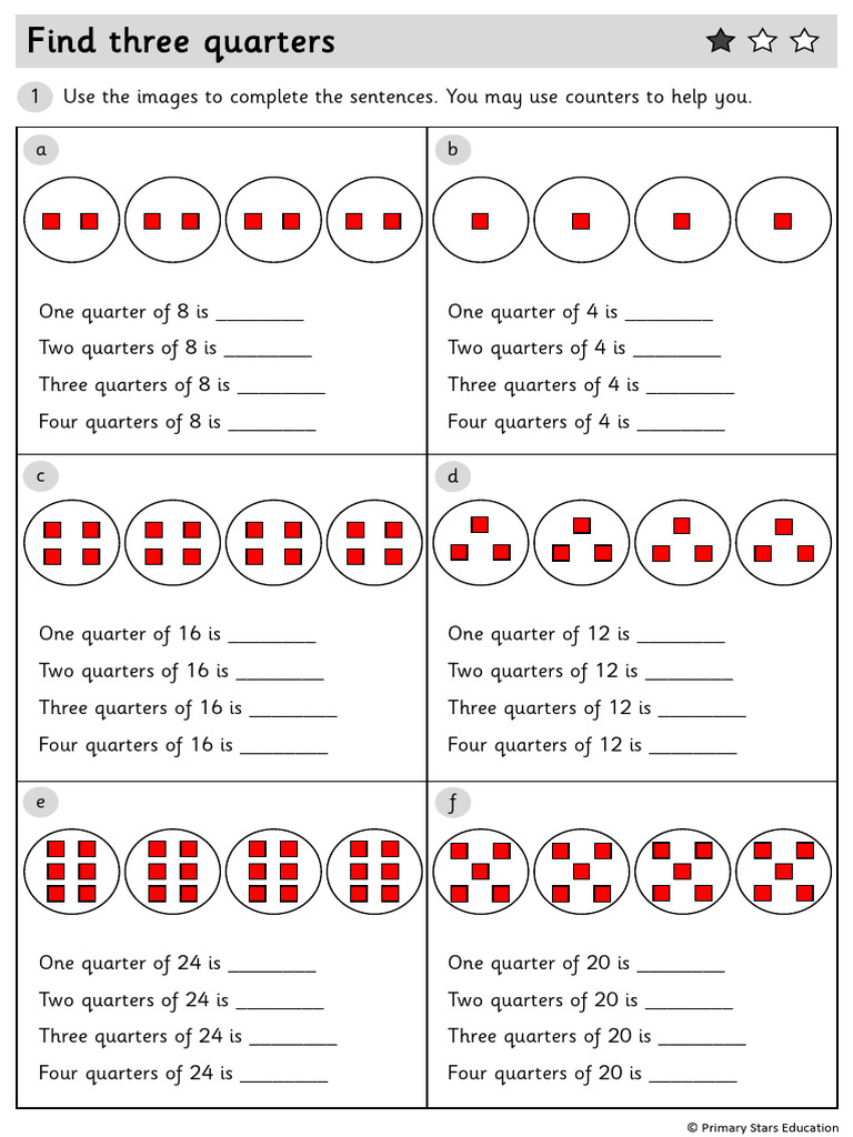Year2 WORKSHEETS Find Three Quarters | PDF