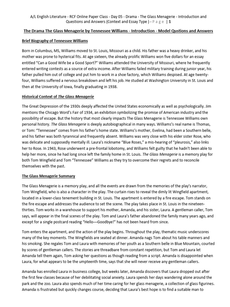 Glass Menagerie - Introduction - Questions and Answers | PDF