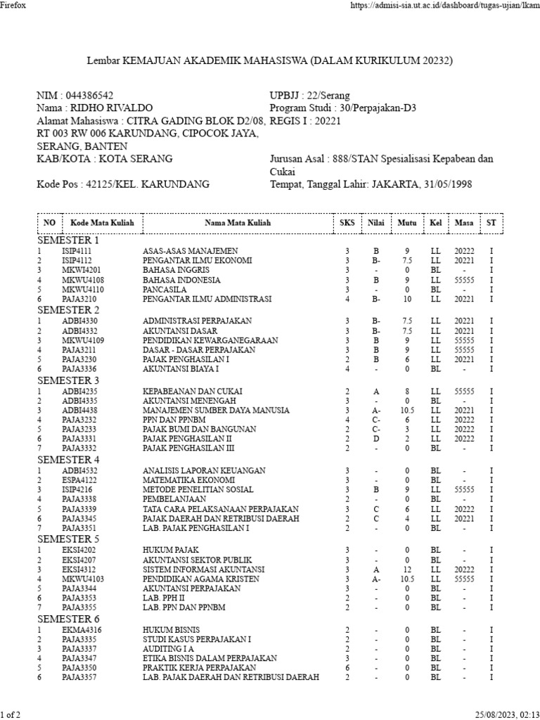 Daftar Matkul D3 UT | PDF