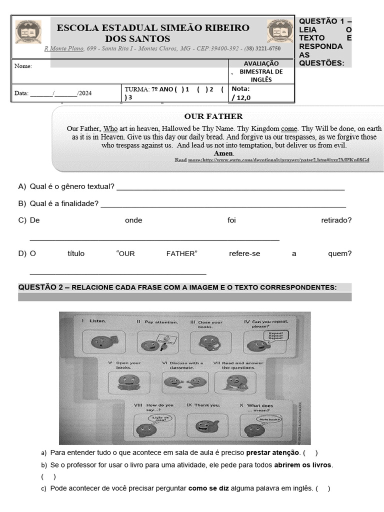 PROVA 7 ANO 1º Bimestre | PDF