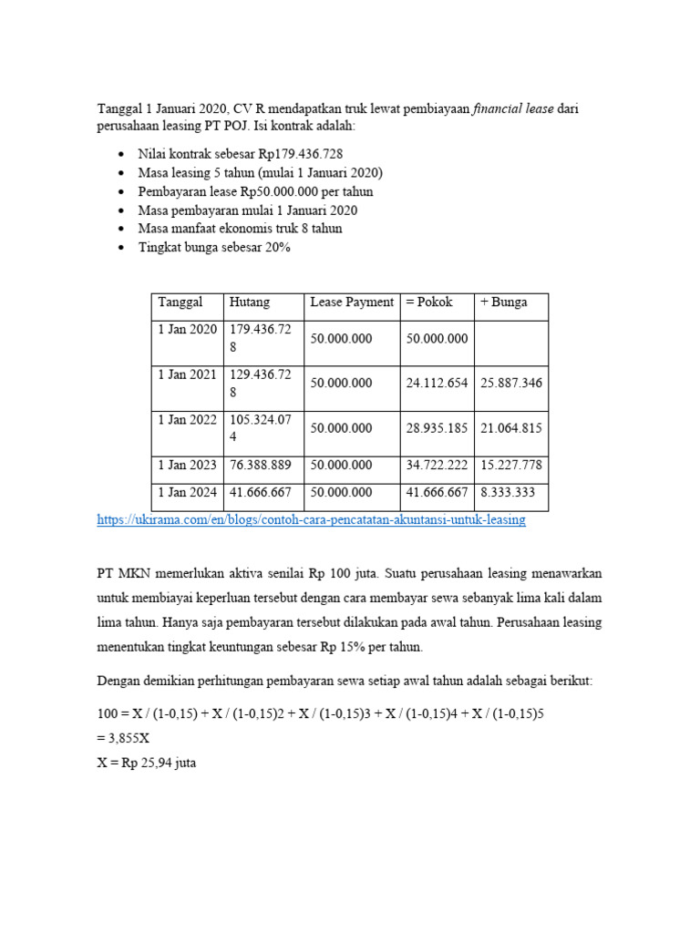 Contoh Pembiayaan Leasing Truk | PDF | Bisnis | Pengelolaan Keuangan & Uang