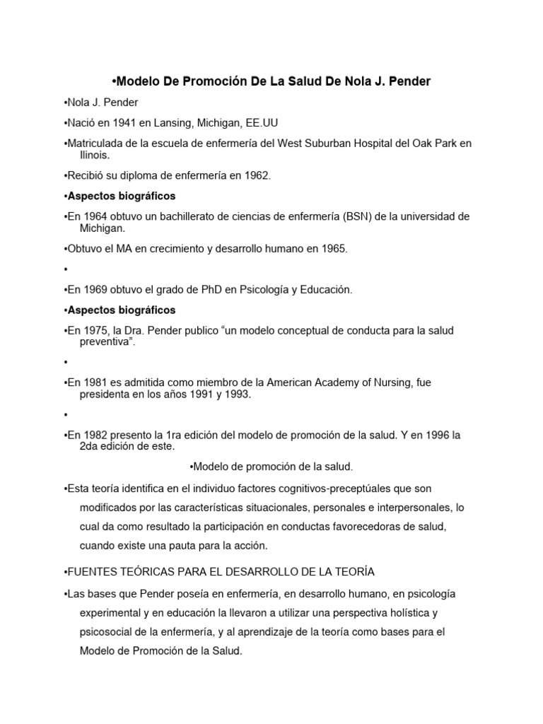 Modelo de Promoción de La Salud de Nola J. Pender | Descargar gratis ...