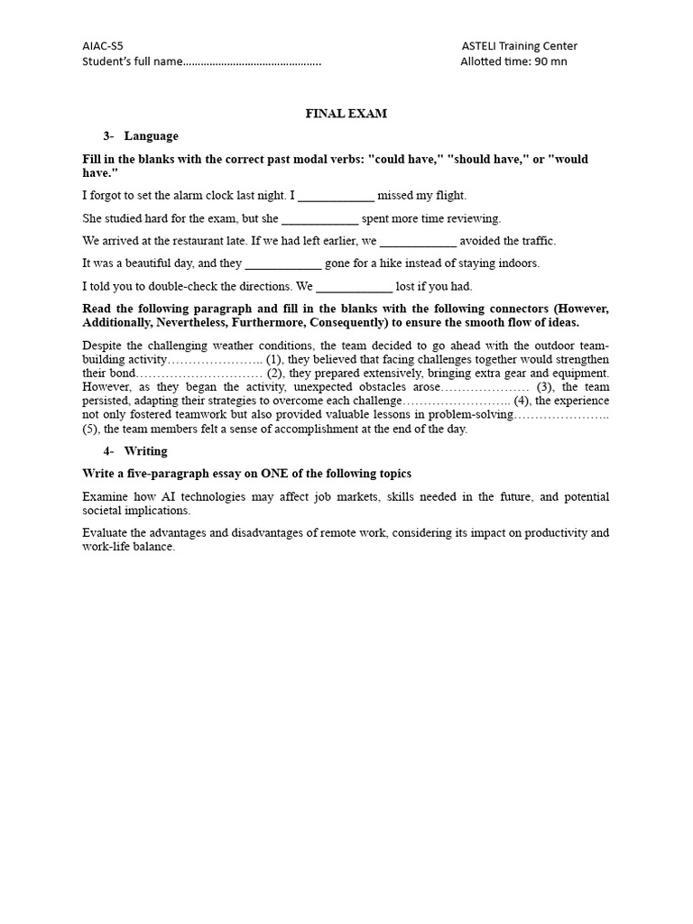 S5 FINAL EXAM (LANGUAGE AND WRITING) | PDF