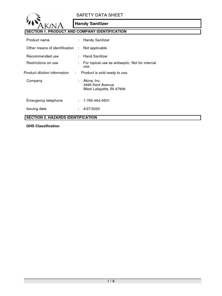 Handy Sanitizer Safety Data Sheet | PDF | Toxicity | Waste