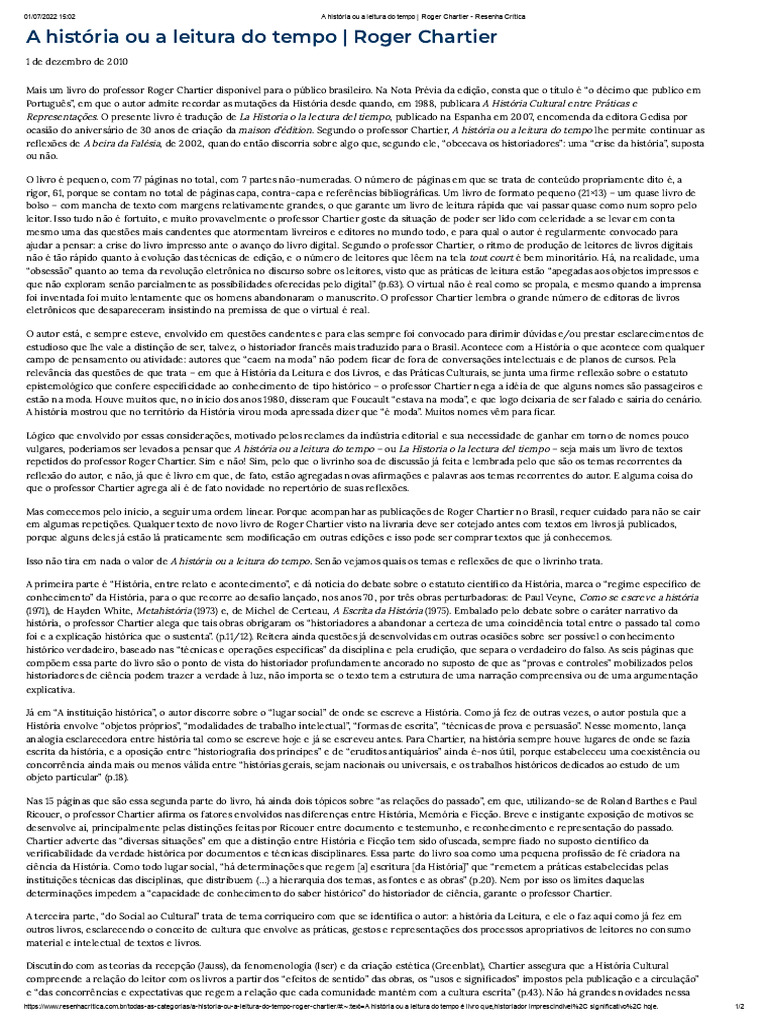A História Ou A Leitura Do Tempo - Roger Chartier - Resenha Crítica | PDF | Livros | Science