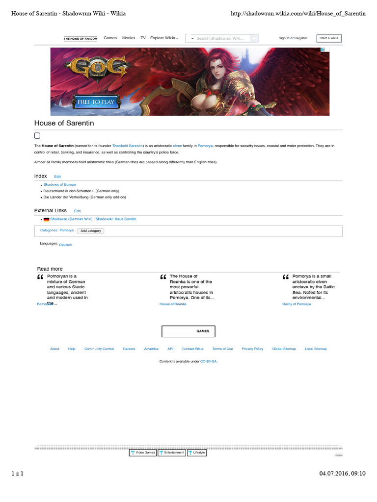House of Sarentin - Shadowrun Wiki - Wikia | PDF | Free Content | Hypertext