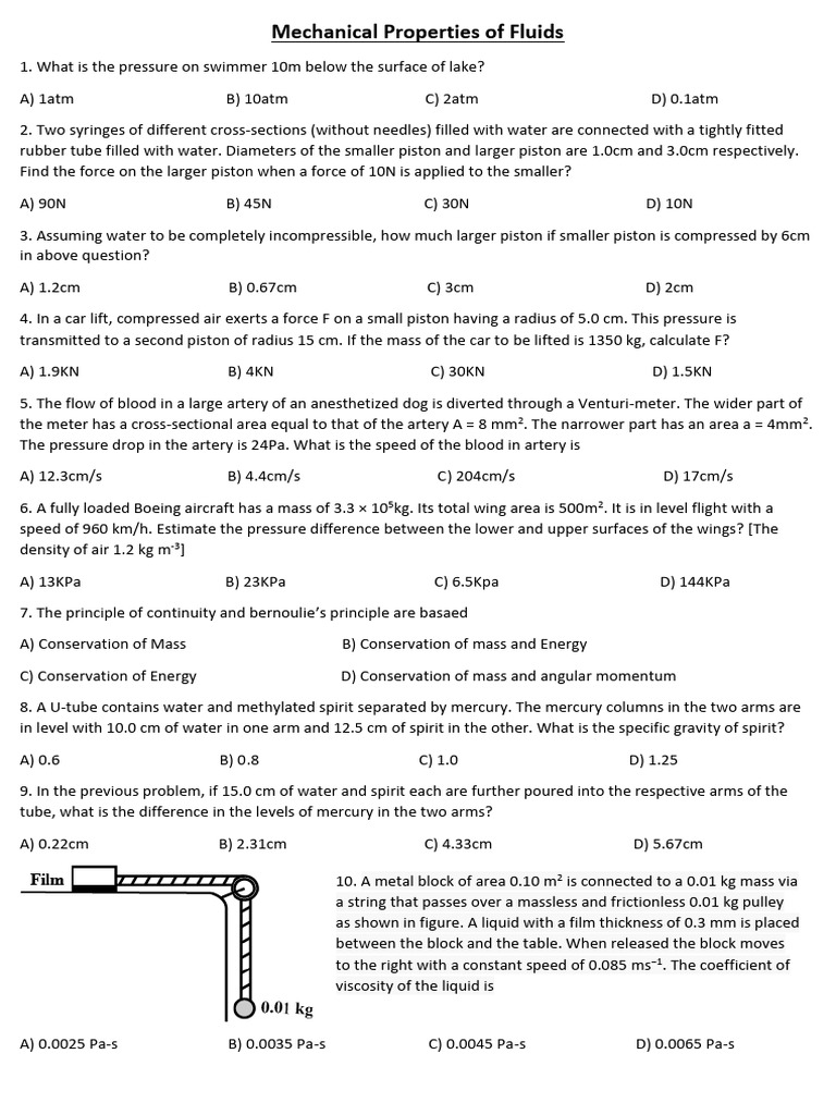 Mechanical Properties of Fluids DPP | PDF | Atmospheric Pressure | Pressure
