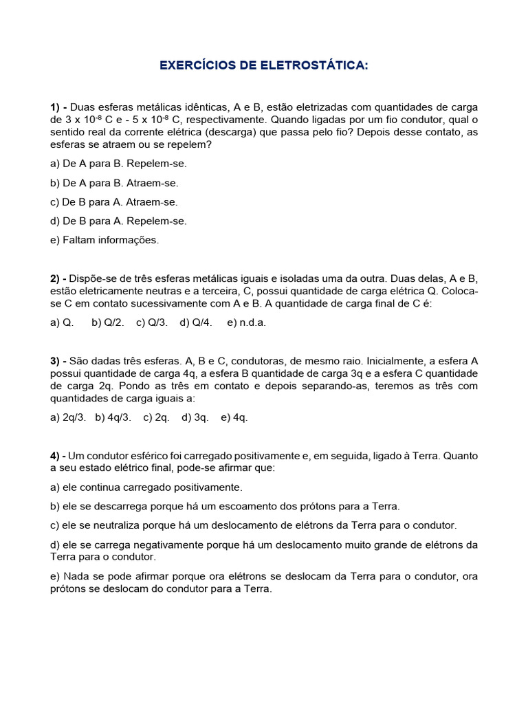 Exercícios de Eletrostática 2024 | PDF | Carga elétrica | Ciência de ...