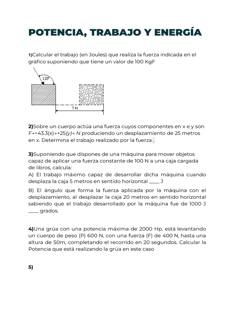 POTENCIA, TRABAJO Y ENERGÍA Ejercicios | PDF | Fuerza | Fricción