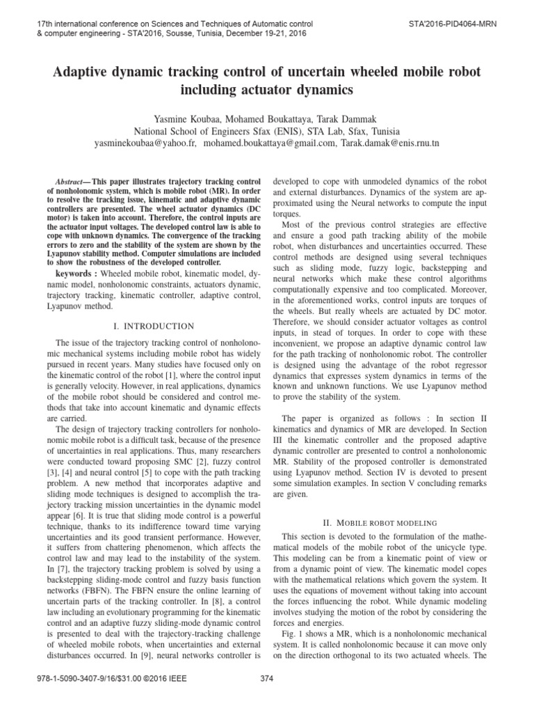 2006 Adaptive Dynamic Tracking Control Of Uncertain Wheeled Mobile