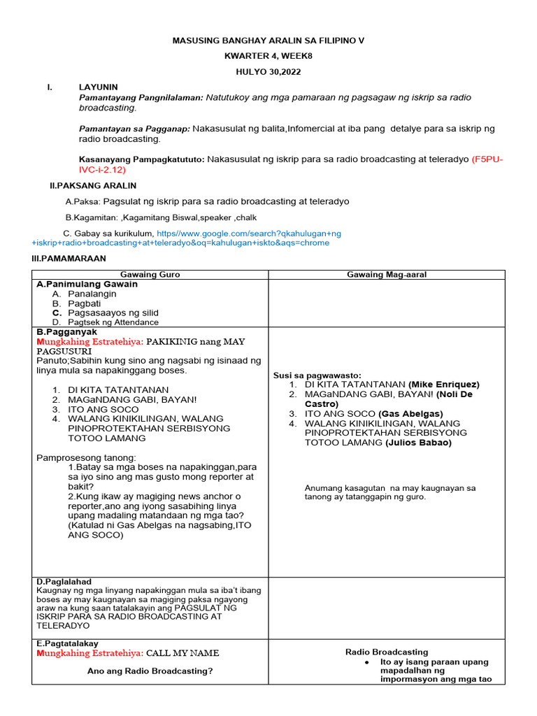 Banghay Aralin Sa Filipino IV | PDF