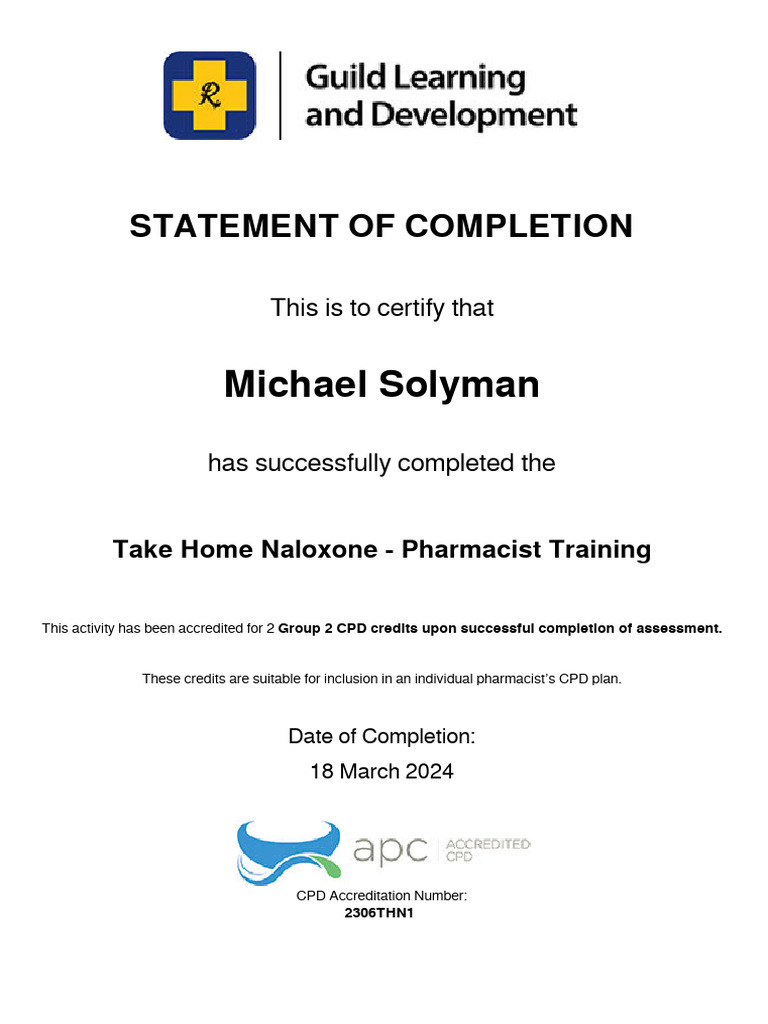Take Home Naloxone - Pharmacist Training_Certificate | PDF