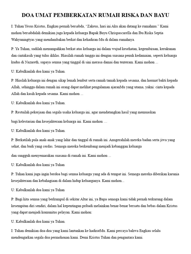 Doa Pemberkatan Rumah Riska dan Bayu | PDF | Memasak, Makanan, & Anggur