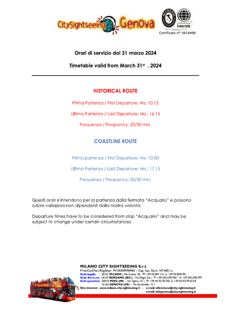 City Sightseeing Genoa Timetable 2024 | PDF