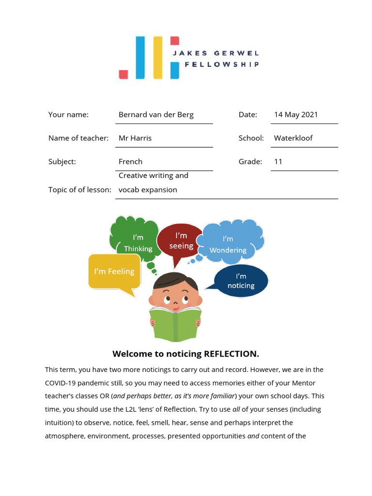 JGF l2l Noticing Reflection 1 | PDF | Learning | Grammatical Tense