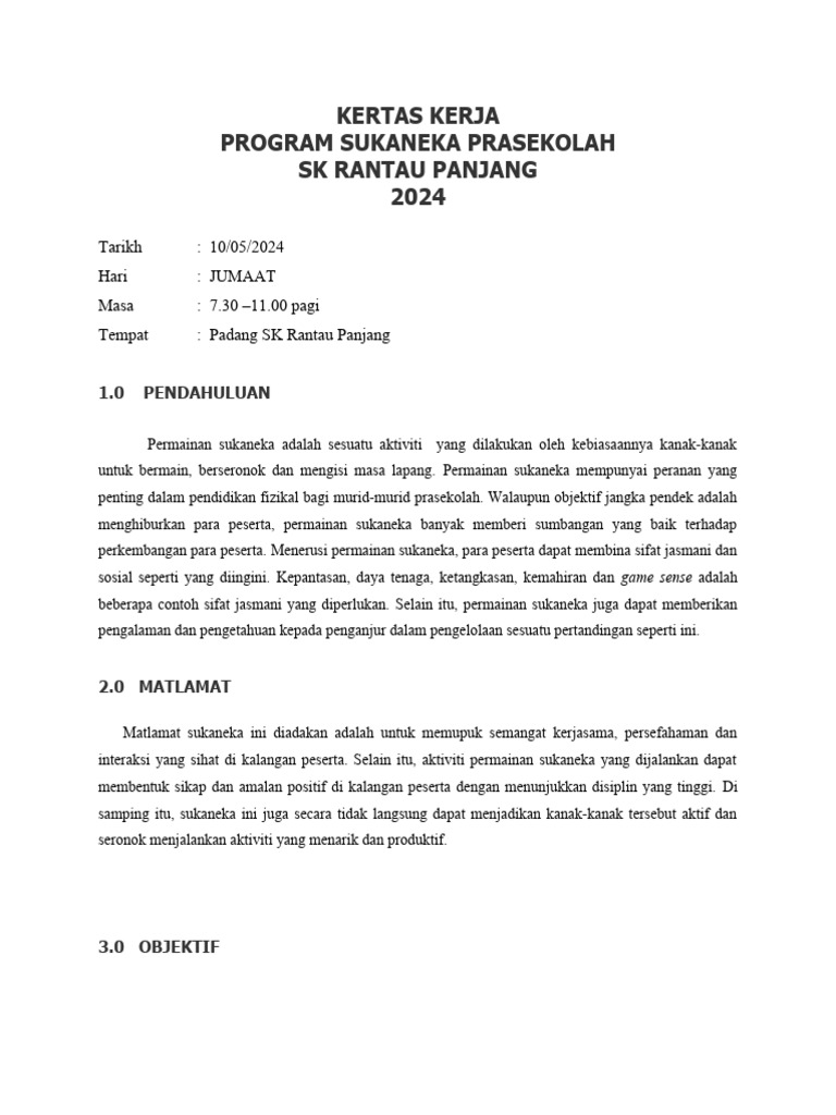 Program Sukaneka Prasekolah 2024 | PDF