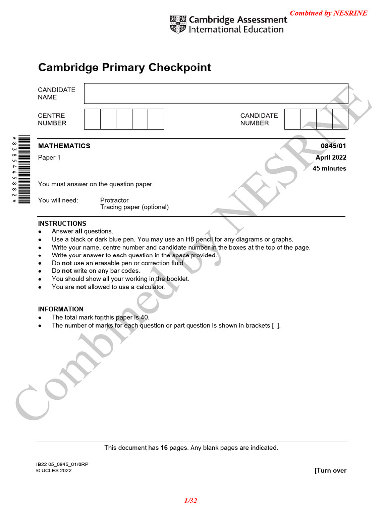 Cambridge Primary Math Test | PDF | Mathematics