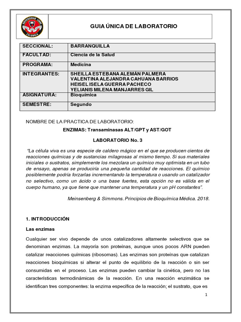 Práctica de Laboratorio: Transaminasas ALT y AST | PDF | Transaminasa ...