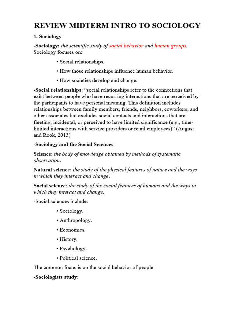 Review Midterm Intro To Sociology | PDF | Sociology | Society
