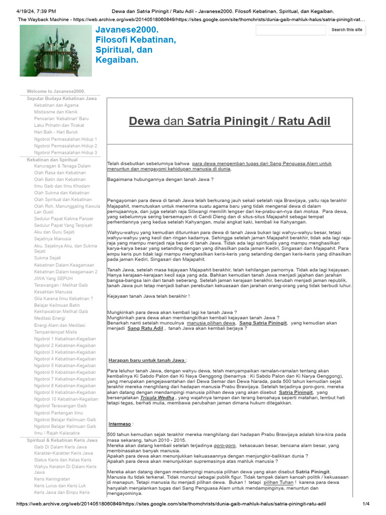 Dewa Dan Satria Piningit - Ratu Adil - Javanese2000. Filosofi Kebatinan ...