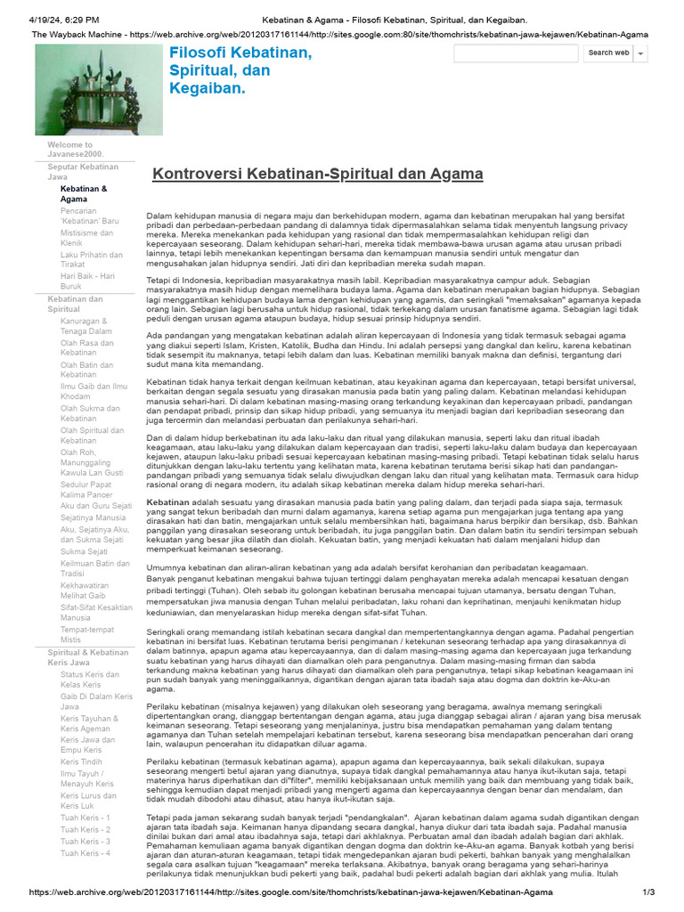 Kebatinan & Agama - Filosofi Kebatinan, Spiritual, Dan Kegaiban | PDF