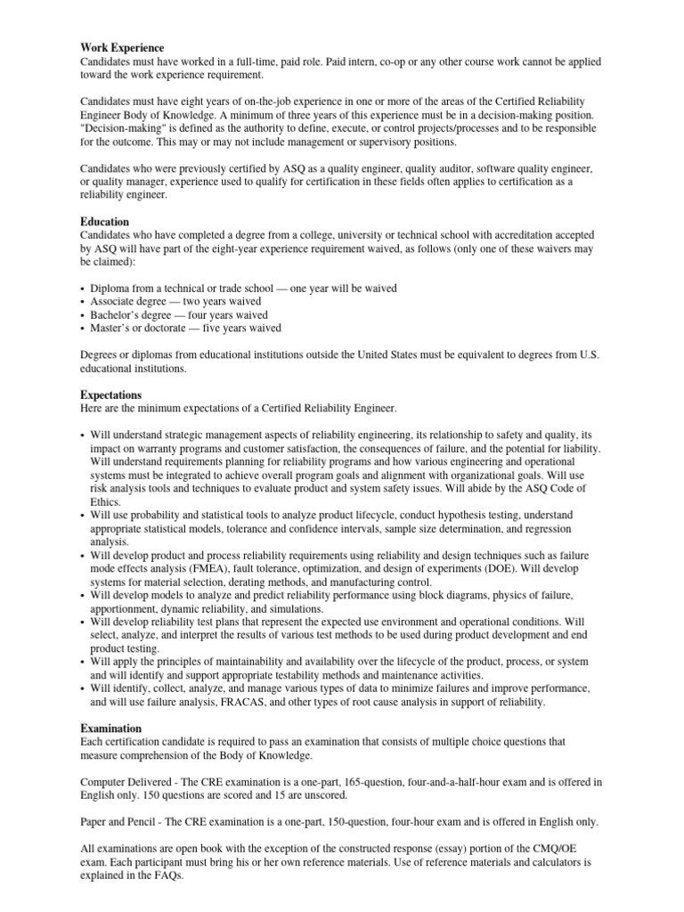 ASQ - CRE Certification Requirements | PDF | Reliability Engineering ...