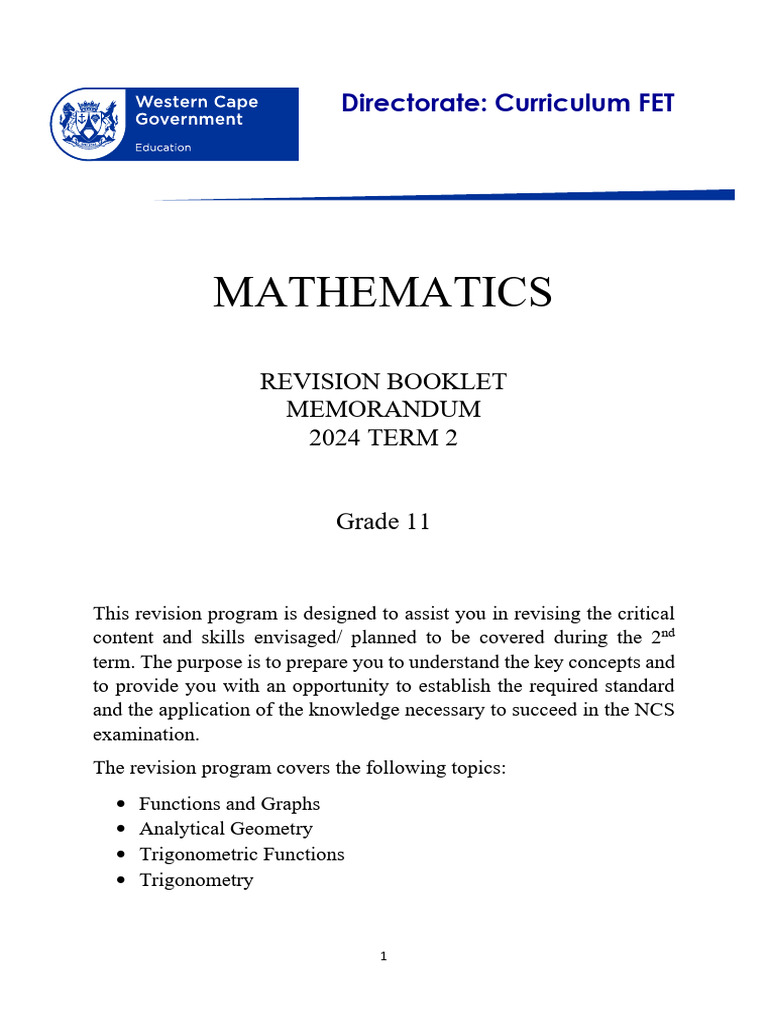 Grade 11 Maths Term 2 Revision Memo | PDF | Mathematics | Trigonometry