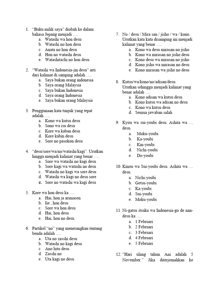 UAS Bahasa Jepang Kelas XII | PDF