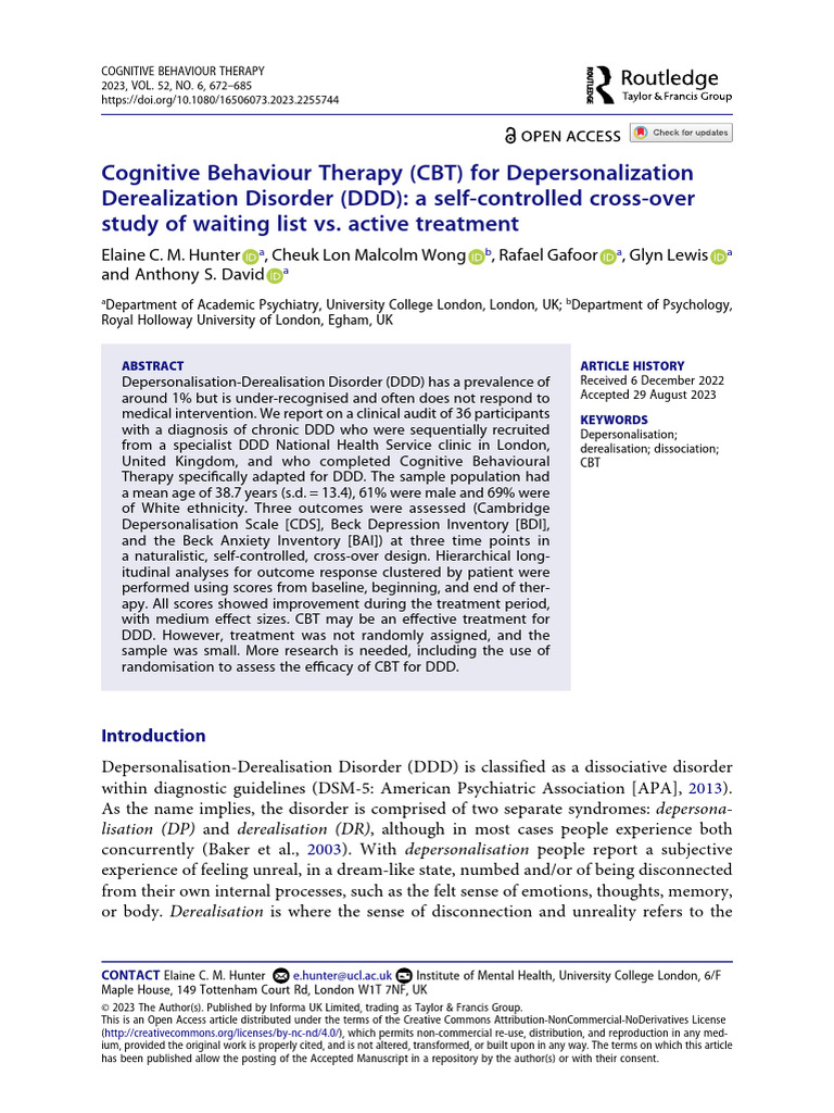 Cognitive Behaviour Therapy CBT For Depersonalization Derealization ...